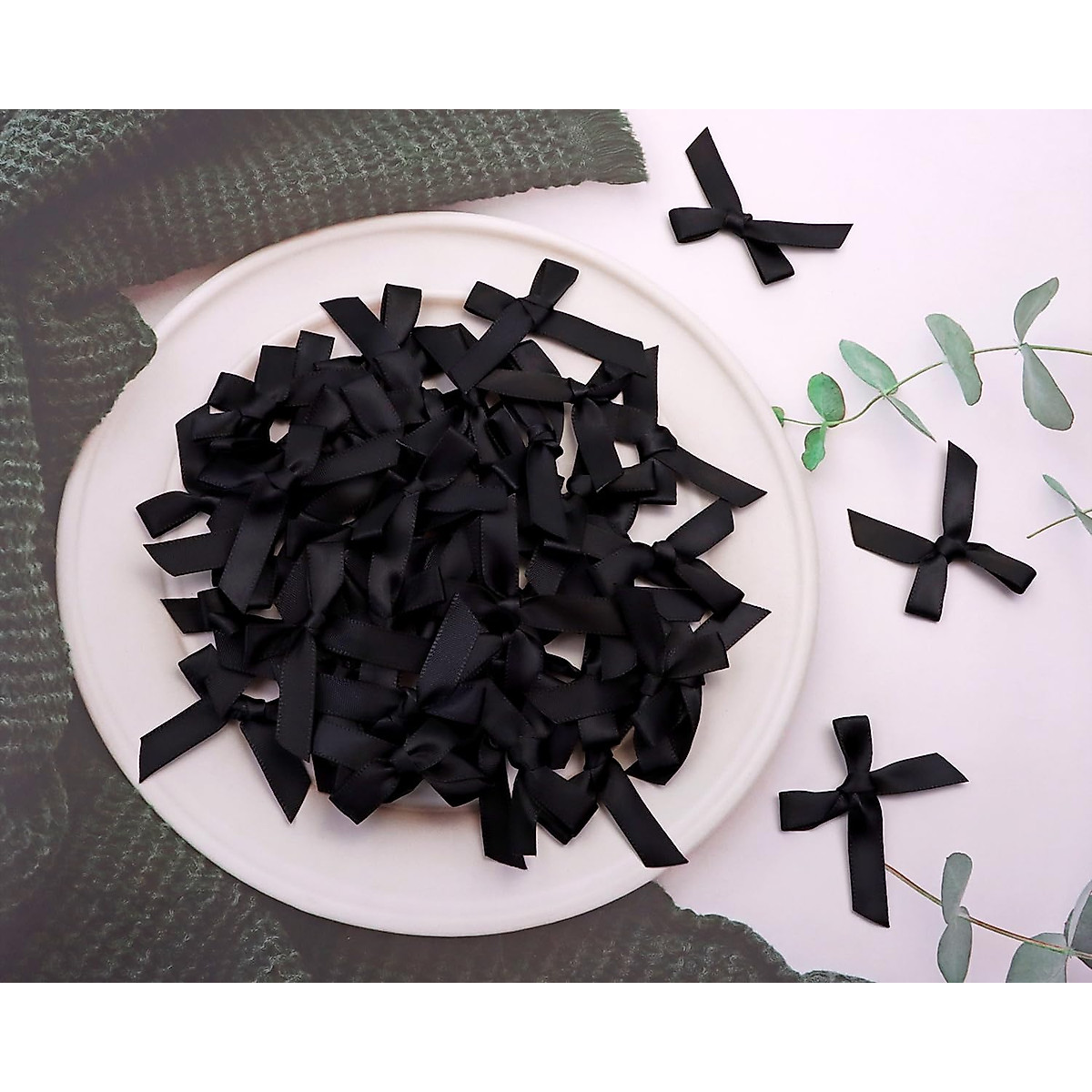 Tupalizy Ribbon Bows Mini Satin Fabric Bows Flowers for DIY Craft Sewing Scrapbooking Wedding Christmas Party Favors Bakery Treat Gift Box Decoration Packaging, 40x40x10mm, 50PCS (Black)