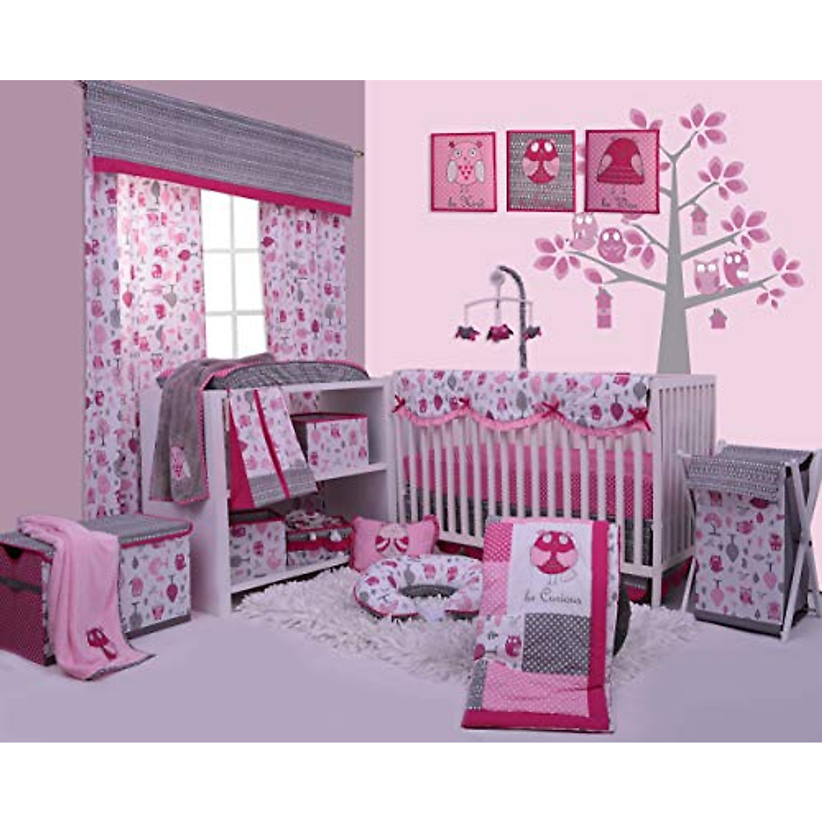 Bacati Owls Girls Cotton Hamper, Pink/Grey