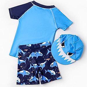 Baby Toddler Boys Two Pieces Swimsuit Set Shark Bathing Suit Rash Guards Swimwear with Hat UPF 50+ (3D Blue Shark, 18-24Months)