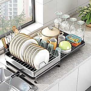 Dish Drying Rack - Expandable Dish Rack - Large Stainless Steel Dish Dryer Racks for Kitchen Counter with Wine Glass Holder, Cutlery Holder, Black