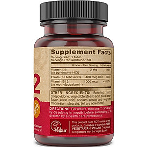 DEVA Vegan Vitamin B12 Fast Dissolve Supplement - Once-Per-Day Complex with 1000 Mcg Methylcobalamin B12, Folic Acid, B6 - Lemon Flavor - 90 Dissolvable Tablets,