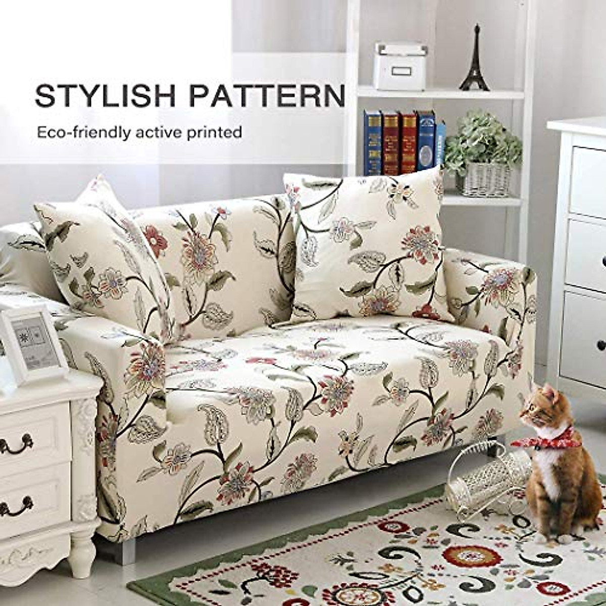 Lamberia Printed Sofa Cover Stretch Couch Cover Sofa Slipcovers for 3 Cushion Couch with Two Pillow Cases (3 Seater, New Blooming Flower)