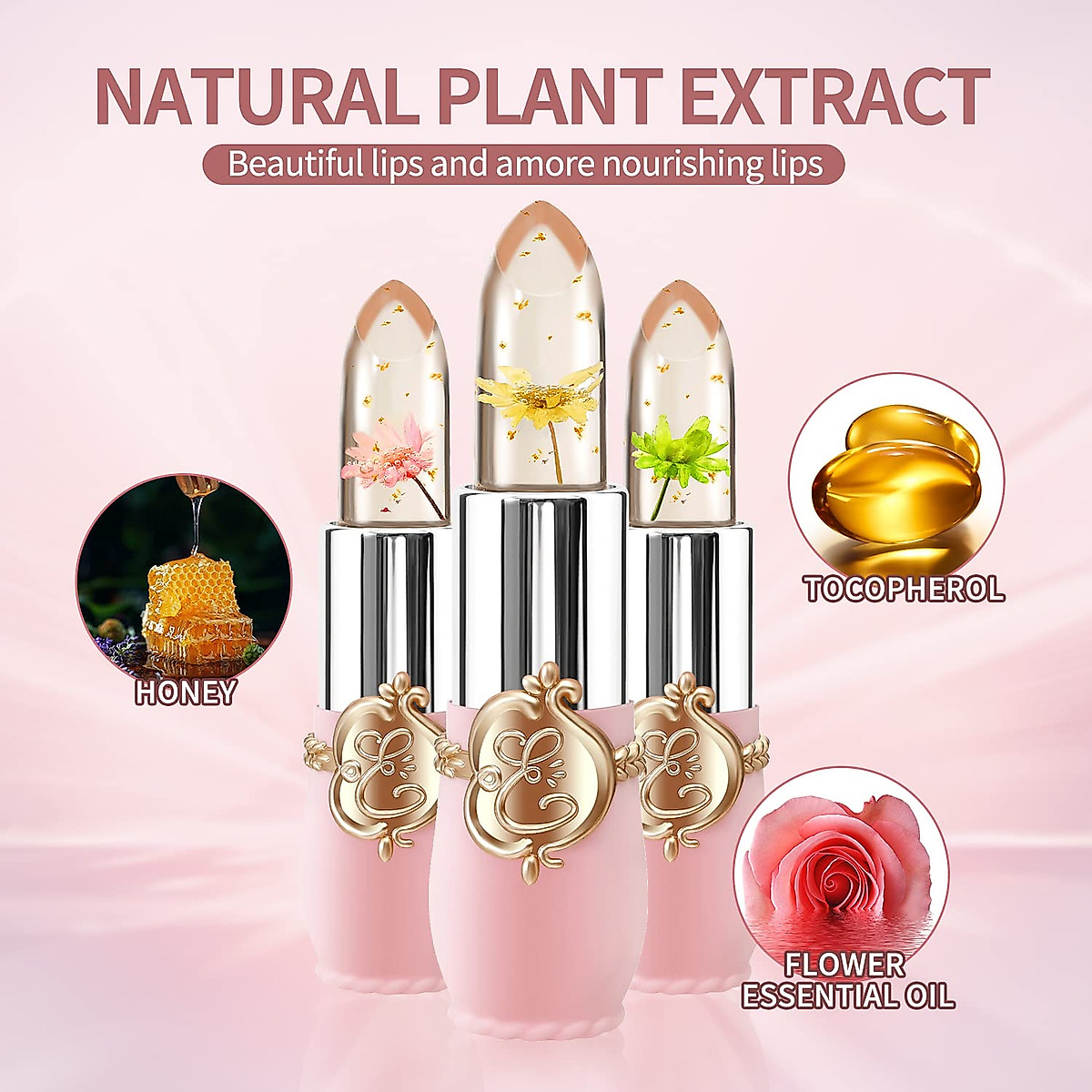 3 Pcs/Set Flower Jelly Lipstick Set Temperature Change Moisturizer Long Lasting Nutritious Balm Magic Color Change Lip Gloss (3Pcs Flower Jelly Lipstick A)