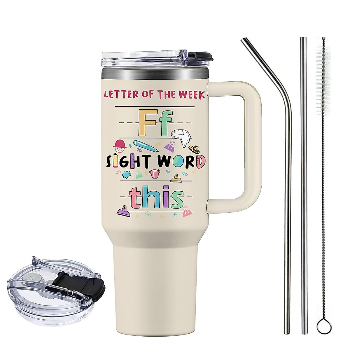 Teacher Gifts for Women, 40oz Teacher Tumbler with Handle, Teacher Appreciation Gifts, Best Teachers Gifts for Birthday Christmas Graduation Back to School Letter of the Week FF Sight World This cup