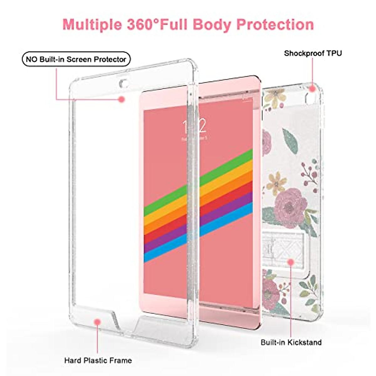 Rantice iPad 9th Generation Case, iPad 8th Generation Case, iPad 7th Generation Case, iPad Case for Women Girl Kids, Slim Shockproof Glitter Flower Clear Transparent iPad 10.2 Case with Kickstand