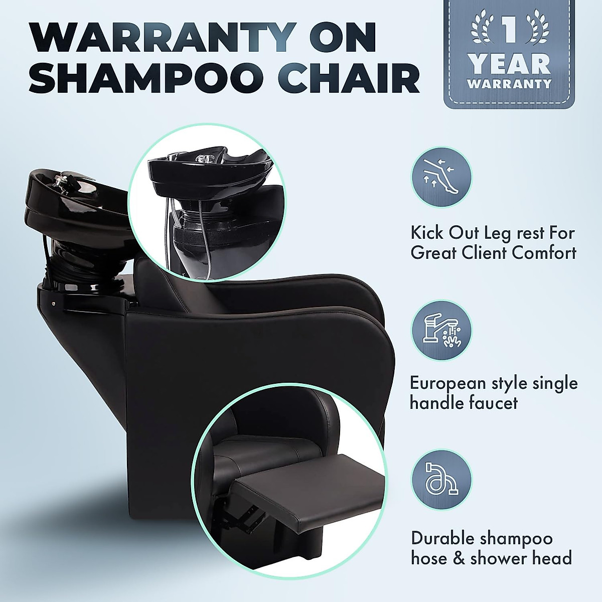 Buy-Rite Lexus Backwash Unit - Salon Shampoo Chair & Tilting Porcelain Shampoo Bowl, European Style Single Handle Faucet, Extra Wide Seat and Kick-Out Leg Rest, TS-8018B (Black)