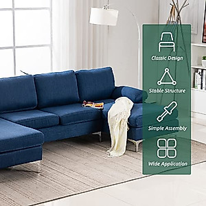 MELLCOM Modern U-Shape Sectional Sofa, Soft Linen Fabric Sectional Couch, Double Wide Chaise Lounge Couch with Modern Metal Feet for Apartment Living Room, Blue