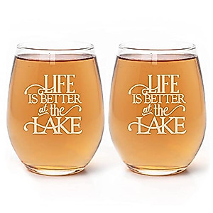 Life is Better at the Lake, Lake House Decor, Set of Two 20oz Etched Wine Glasses
