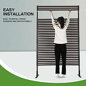 YOTOWORTH Patio Privacy Fence Screen, Outdoor Metal Slatted Decorative Privacy Screen and Panels Freestanding for Patio Divider, Brown Outdoor Privacy Screen with Stand, 71" H×35.4" W