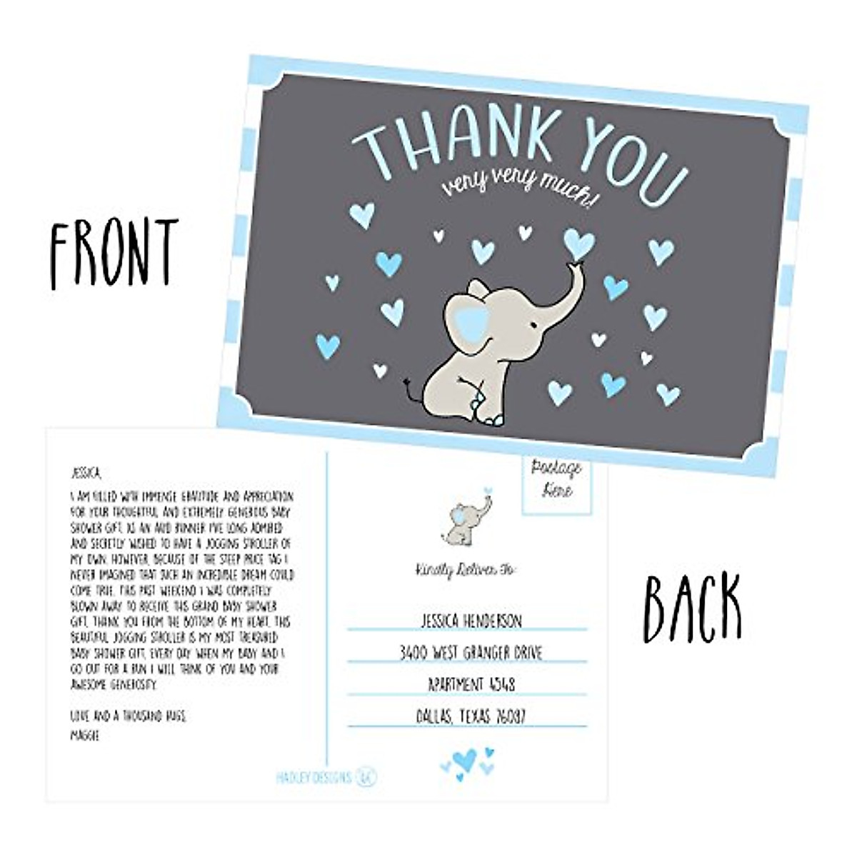 Hadley Designs 50 4x6 Elephant Boy Baby Shower Thank You Postcards Bulk, Beautiful Modern Cute Boho Blue Blank Thanks Note Card Stationery Appreciation Set