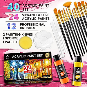 40 PCS Acrylic Paint Set with 12 Brushes, 2 Knives and Palette, 24 Colors (2oz/60ml) Art Craft Paints Gifts for Adults Kids Artists Beginners, Halloween Pumpkin Painting Kit Art Supplies