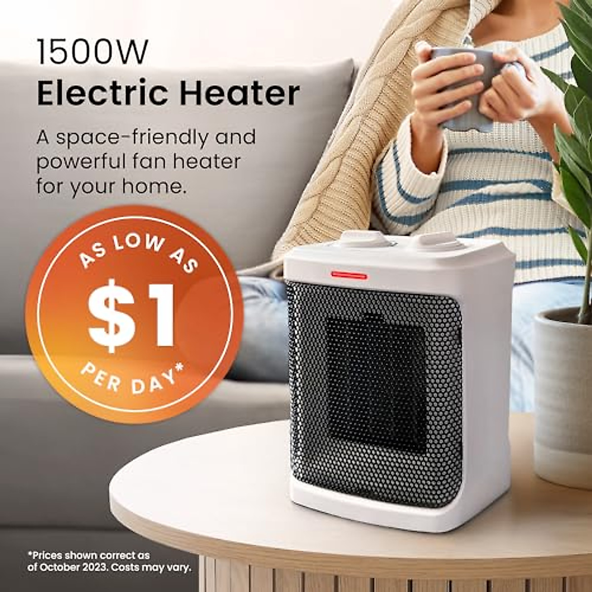 Pro Breeze Space Heater – 1500W Portable Electric Heater for Indoor Use, Ceramic Heater with Adjustable Thermostat, Small Heater for Home, Bedroom, Office, Garage with 3 Operating Modes - White