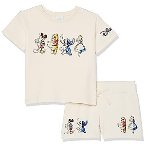 Disney Girls D100 Character French Terry - Mickey, Stitch, Winnie The Pooh, Alice Tee & Short Set, Ivory, 3T US