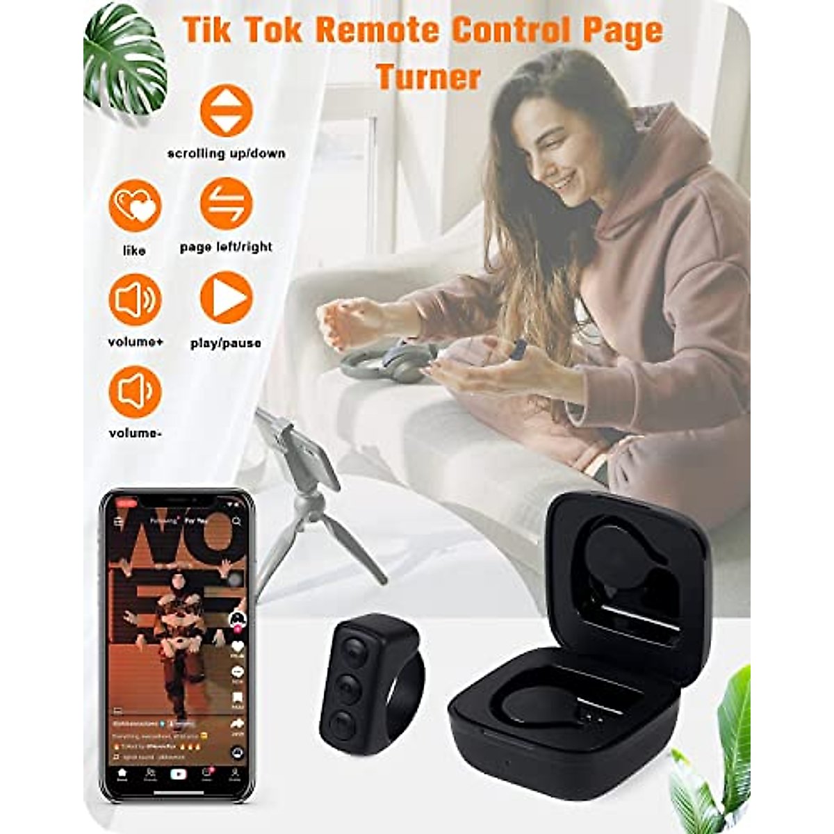 TikTok Remote Control Kindle App Page Turner, Bluetooth Camera Video Recording Remote, TIK Tok Scrolling Ring for iPhone, iPad, iOS, Android - Black