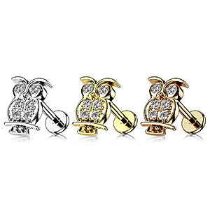 Dynamique CZ Paved Owl Top On Internally Threaded 316L Surgical Steel Flat Back Stud For Labret, Monroe, Cartilage (Sold Per Piece)