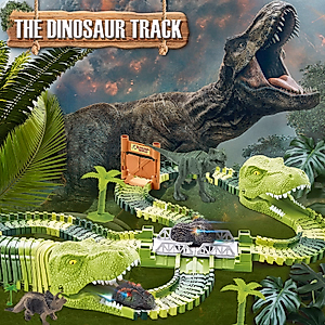 Dinasors Race Track Toy for Boys Girls Race Car Track for Kids Age 3-6 Dino Toys with 192 Flexible Track, 2 LED Dinosaur Racing Cars, Toddler Birthday Gift (Classical)
