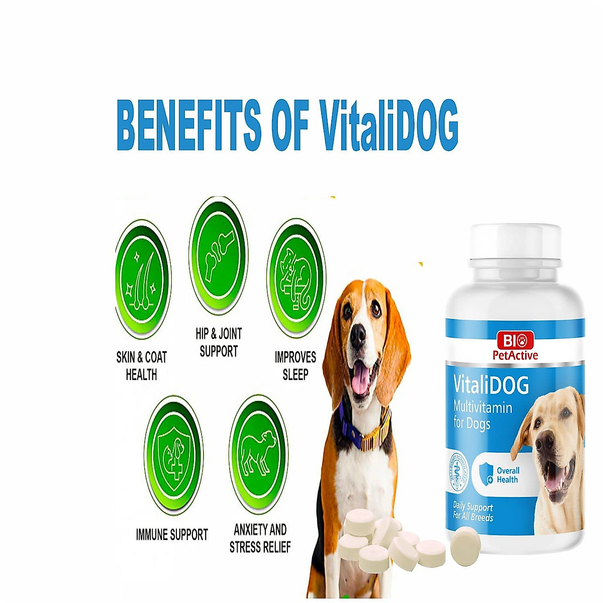 VitaliDOG Multivitamin for Dogs, Skin and Coat Supplement, Dog Prenatal Health Supplies, Vitamin A + E + B9 + B5 + H + Biotin + Amino Acids + Folic Acid for Dogs, 150 Chewable Tablets