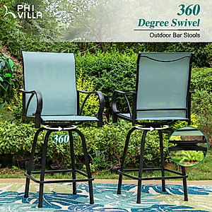 PHI VILLA Outdoor Patio Swivel Bar Set of 3, Jacquard Lake Blue Textilene Furniture Bistro Set with 2 Outdoor Bar Stools and Square Patio Bar Table for Garden Lawn Yard