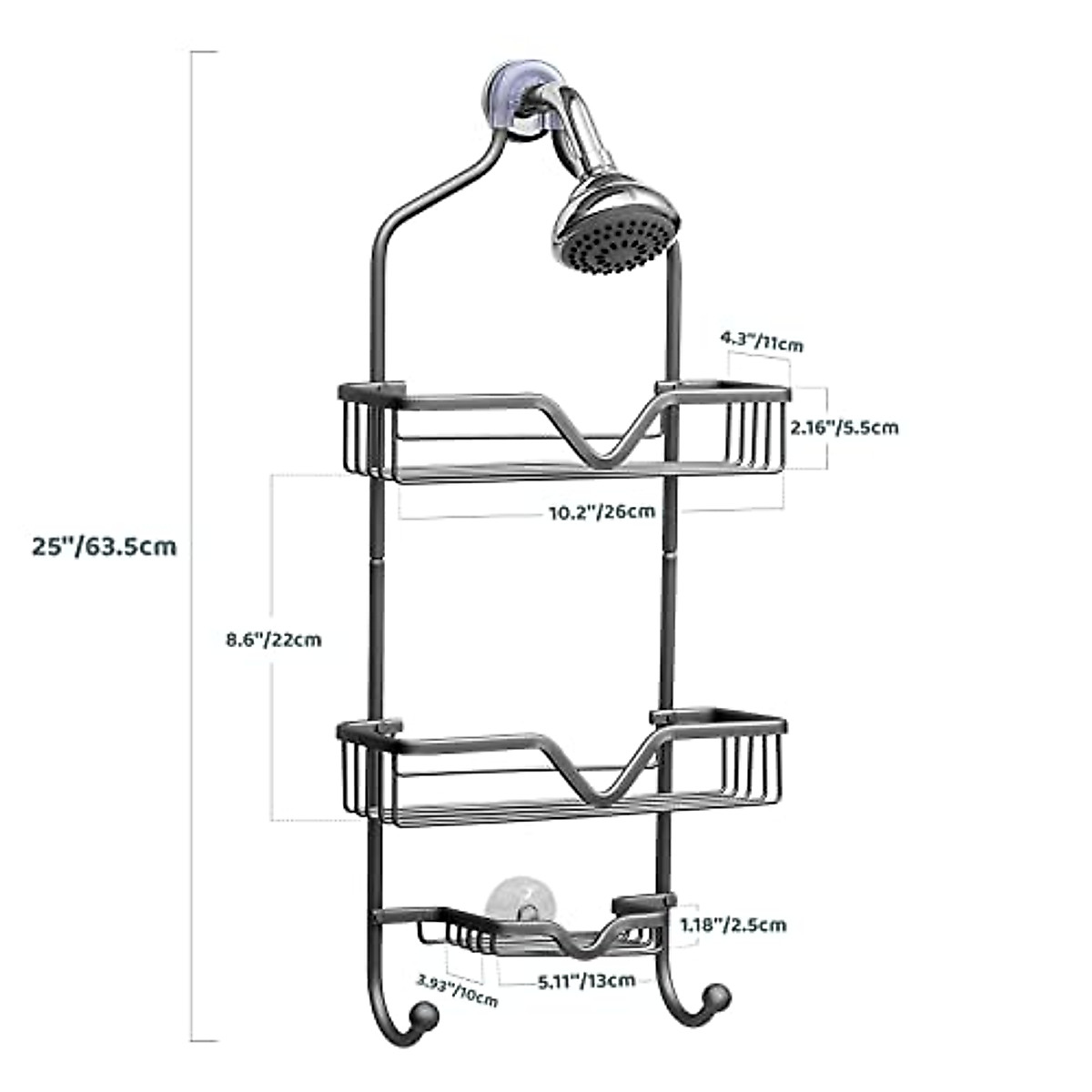 Lucalda Shower Caddy, Shower Caddy over Shower Head Bathroom Shower Hanging Caddy Aluminum, Hanging Shower Organizer over the Head Shower Rack, 2 Hooks Soap Shelf Gray, 25.2" × 10.6" × 4.3"
