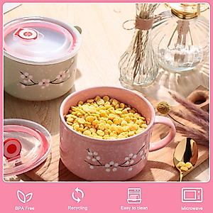 SEEWEY 2 Pcs Floral Ceramic Bowl with Lid and Handle 30 oz Soup Bowls Heat Preservation Instant Noodles Mug Soup Cup Microwavable Bowls for Ramen Noodle Cereal Travel