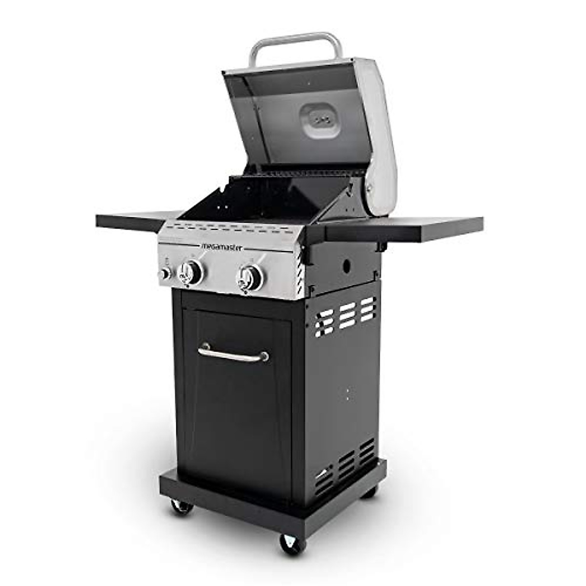 Megamaster 720-0864MA 2 Burner Propane Barbecue Gas Grill, for Camping, Outdoor Cooking, Patio, Garden Barbecue Grill, 28000 BTUs, with Foldable Side Table, Silver and Black