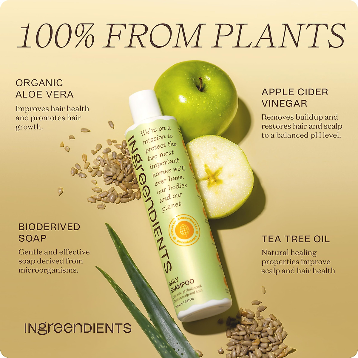 Ingreendients Non Toxic Vegan Shampoo with Organic Ingredients, Apple Cider Vinegar & Tea Tree Oil - Sulfate Free, Color Safe, Paraben Free, Gluten Free, Cruelty Free, pH Balanced