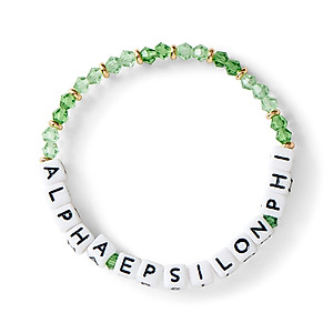Sorority Shop Alpha Epsilon Phi Bracelet — Glass Bead Bracelet with AEP Name Beads and 18K Gold Accent Beads, Greek Sorority Jewelry for Big Little Sorority Gifts