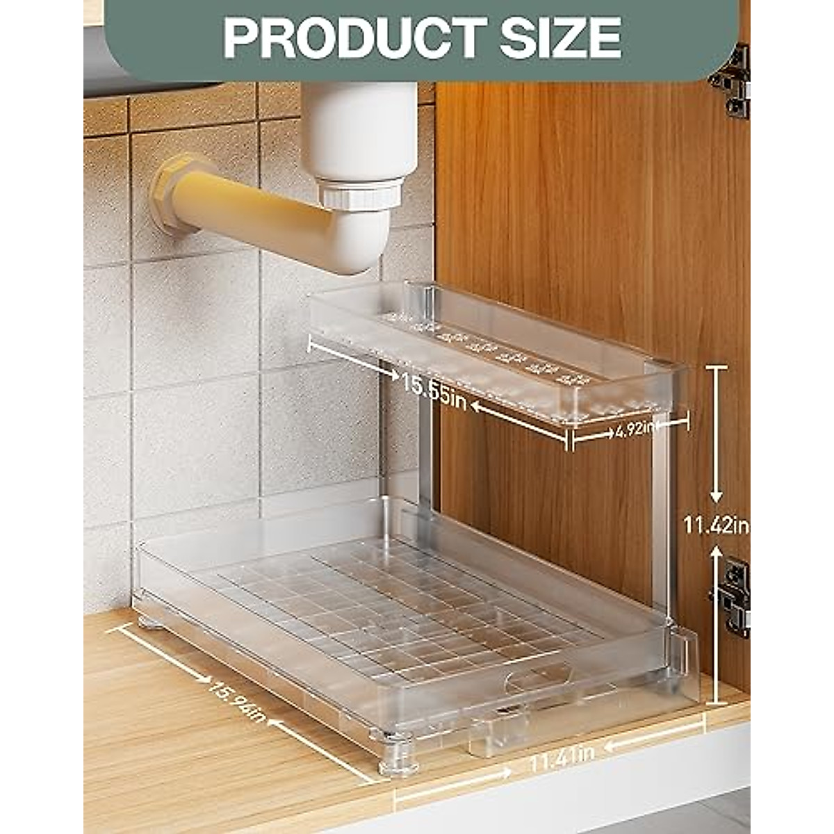 Under Sink Organizer and Storage, 2 Tier Sliding Under Sink Shelf, L Shaped Pull Out Cabinet Basket Organizer, Multi-Purpose Slide Out Organizer Rack for Bathroom, Kitchen, Clear