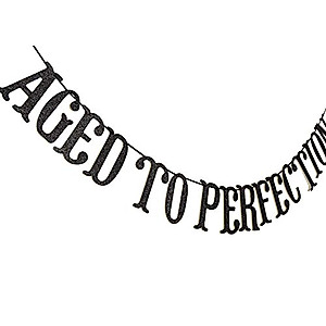 Qttier Aged to Perfection Banner for 50th 60th 70th 80th 90th 100th Birthday Anniversary Party Decorations Assembled Supplies Decor Favors Bunting Photo Booth Props Sign (Black Glitter)