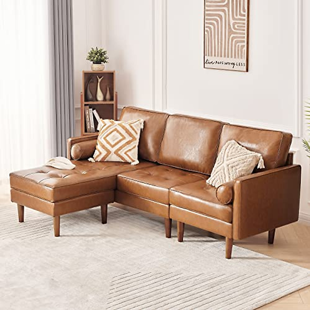 Vonanda Sofa Couch, Sectional Couch Convertible Sectional Sofa L Shaped Couch with Reversible Chaise and Bolster Pillows, Faux Leather Couch for Living Room, Apartment and Small Space, Caramel