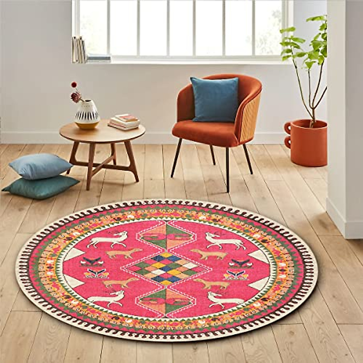 Erwinmu 2.6FT Tribal Round Area Rug for Bedroom Entryway Foyer - Persian Small Round Rug Soft Living Room Carpet Entryway Foyer Non-Slip Easy to Clean