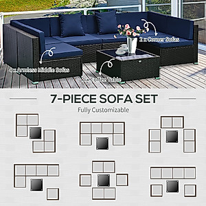 Outsunny 7-Piece Patio Furniture Sets Outdoor Wicker Conversation Sets All Weather PE Rattan Sectional Sofa Set with Cushions & Tempered Glass Desktop, Dark Blue
