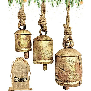 HIGHBIX Set of 3 Harmony Cow Bells Vintage Handmade Rustic Lucky Christmas Hanging Bells On Rope