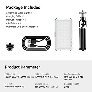 simorr P96L RGB Video Light Portable LED Camera Light Panel with Mini Tripod/Cold Shoe Adapter, Photography Lighting for Vlogging/Videography/Live Streaming 2500K-8000K -3861