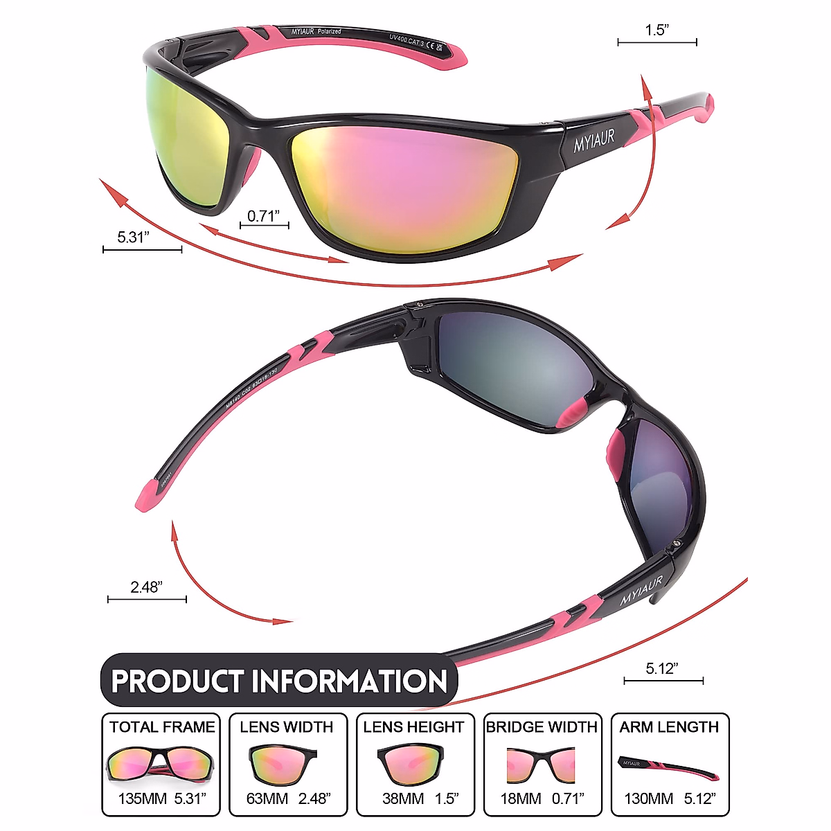 Myiaur Polarized Sports Sunglasses for Women Men UV Protection Mirrored Lens Sturdy Stylish Wrap Around Shades M8140