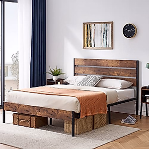 VECELO Platform Full Bed Frame with Rustic Vintage Wood Headboard, Mattress Foundation, Strong Metal Slats Support, No Box Spring Needed