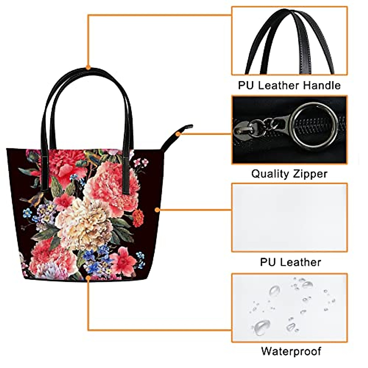 Vintage Boho Pink Peonies Floral Tote Bag for Women Leather Handbags Women's Crossbody Handbags Work Tote Bags for Women Coach Handbags Tote Bag with Zipper.