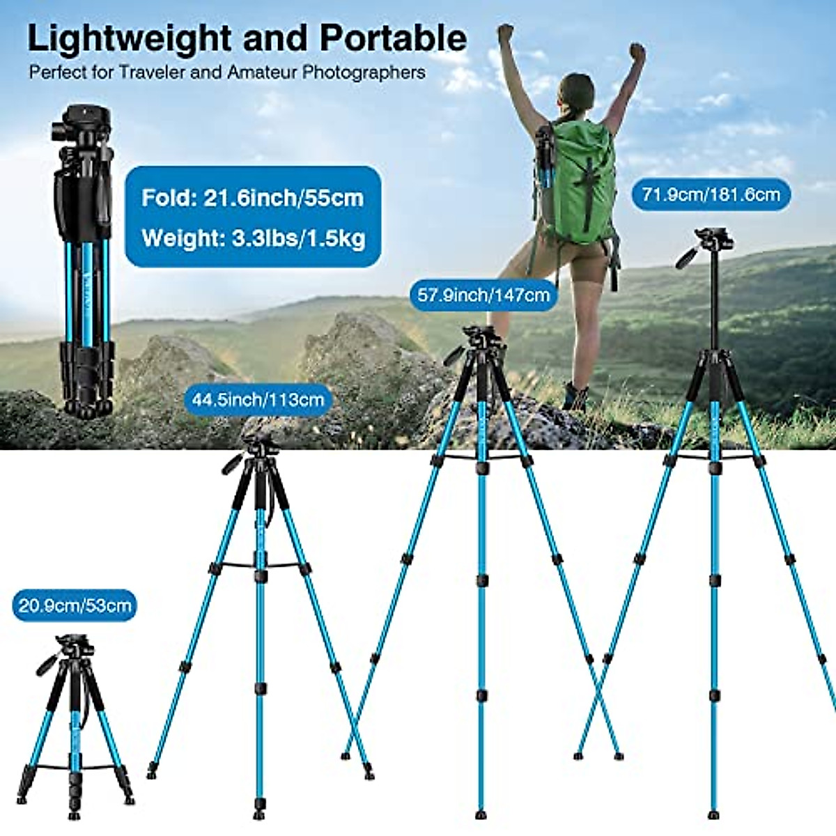 Victiv 72-inch Camera Tripod Aluminum T72 with Phone Tripod Mount- Lightweight Tripod & Monopod Compact for Travel with 2 Quick Release Plates for Canon Nikon DSLR Video Shooting - Blue