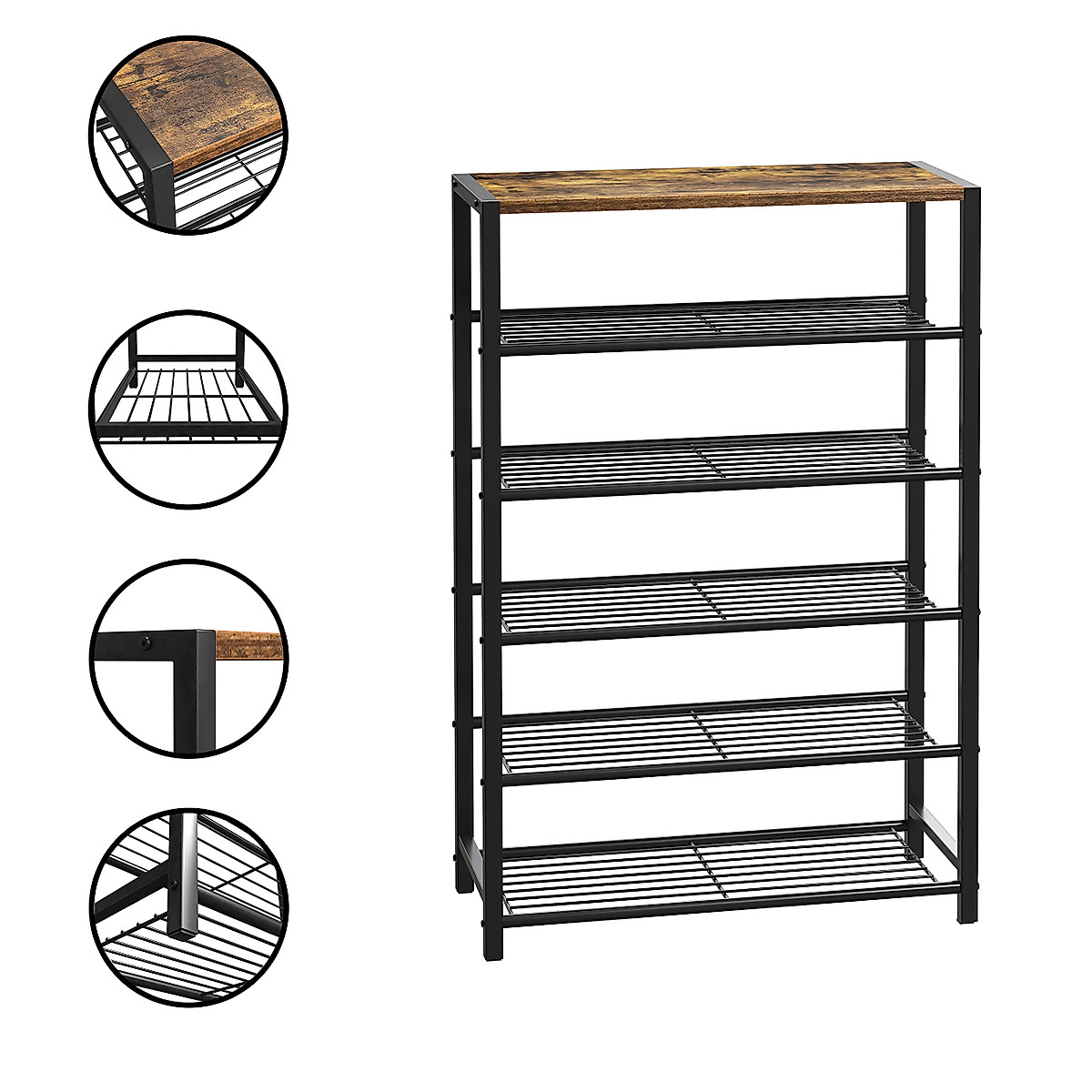 Yusong Shoe Rack, 6 Tier Shoe Organizer Storage for Closet Entryway, Narrow Tall Metal Shoe Shelves with Industrial Wooden Top, Rustic Brown and Black