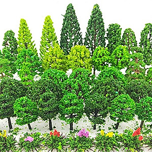 Tazimi 60 Pieces Model Trees 1.36-6 inch Mixed Model Tree Train Scenery Architecture Trees Fake Trees for DIY Crafts, Building Model, Scenery Landscape Natural Green