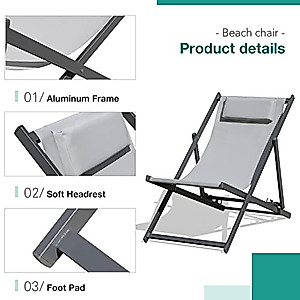 Patiorama Outdoor Folding Beach Sling Chairs Set of 2, Aluminum Patio Lounge Chair, Portable Beach Chairs, Adjustable Reclining Chairs w/Cushioned Headrest for Pool, Dark Grey Frame & Grey Mesh