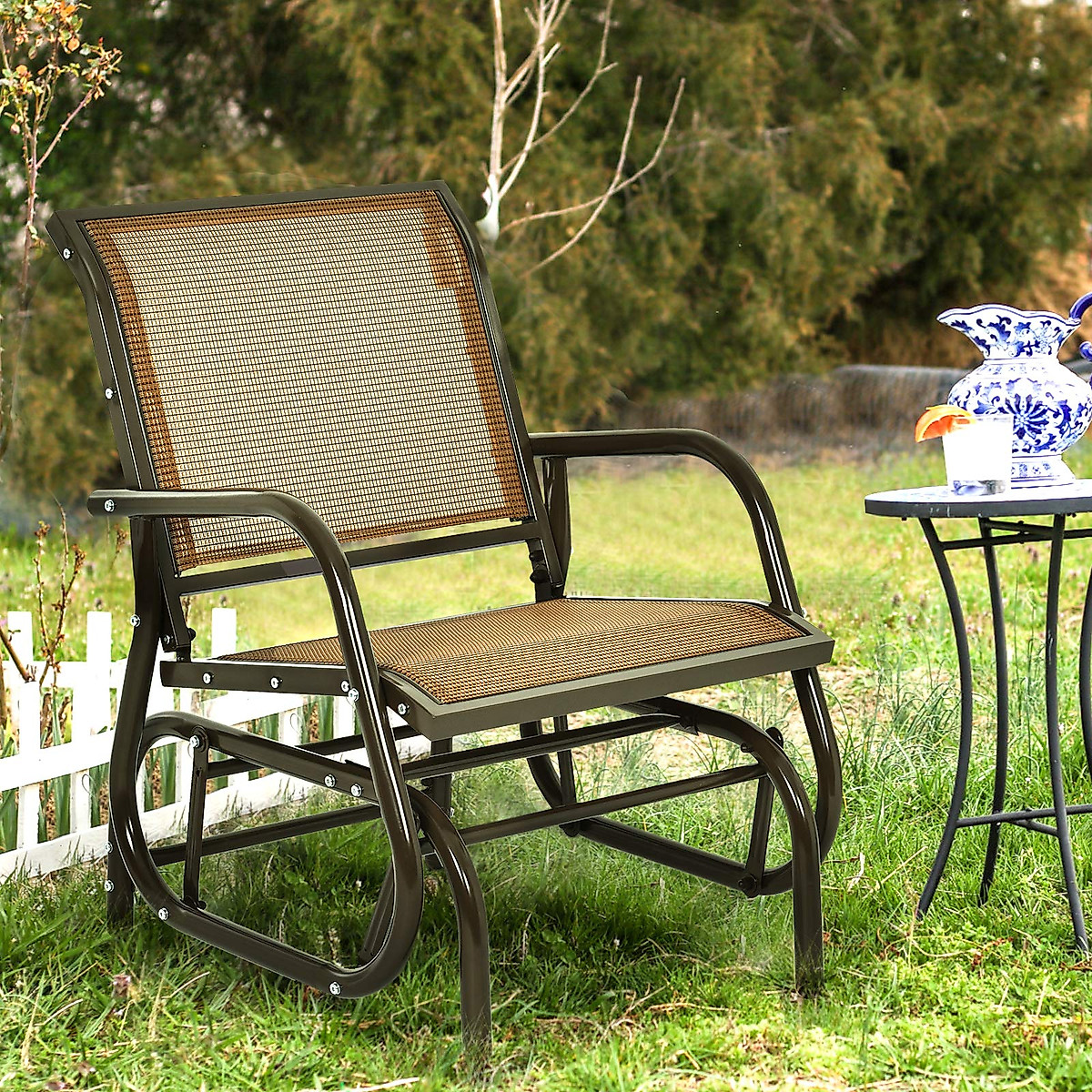 Tangkula Swing Glider Chair, Ergonomic Rocking Chair with Comfortable Fabric, Iron Frame, 4 Non-Slip Foot Pads, Outdoor Patio Glider Rocker Chair for Living Room, Garden, Backyard