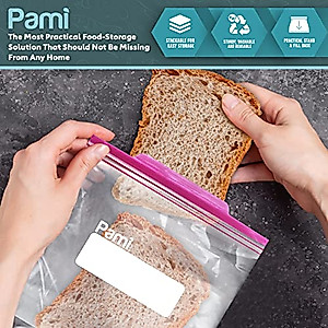 PAMI Double Zip Food Storage Quart Bags [75 Pieces] - Leakproof Freshness-Lock Bags With Expandable Bottom- Food-Safe Zipper Bags With Write On Label- Thick & Reusable Sandwich Bags