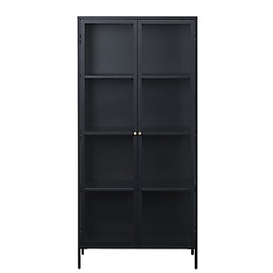 Nyhus AMZ-42040602 Modern Tempered Glass & Steel Storage Cabinets with Adjustable Feet, 4 Shelves, Freestanding, Bookcases & Shelves for Home Office, Living Room, 15.75 x 35.5 x 75 in, Black/Clear