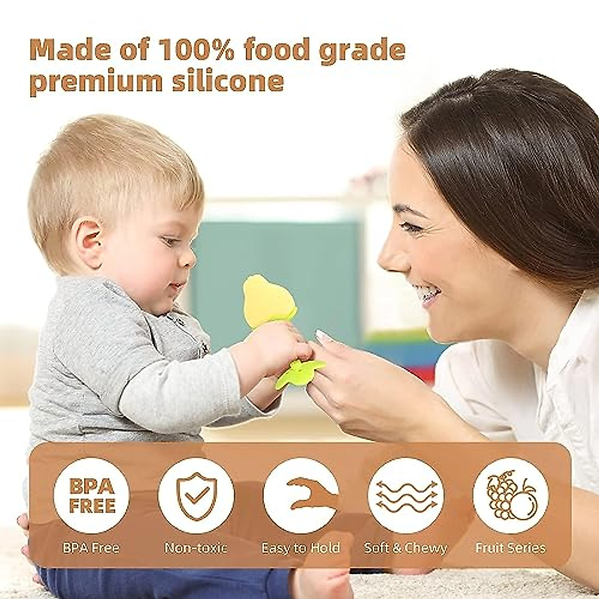 Fu Store Baby Teething Toys (7 Pack) for Newborn BPA Free Infant Toddler Silicone Fruit Giraffe Teethers Finger Toothbrush Strawberry Orange Peach Pear Soothe Babies Gums Set with Storage Case