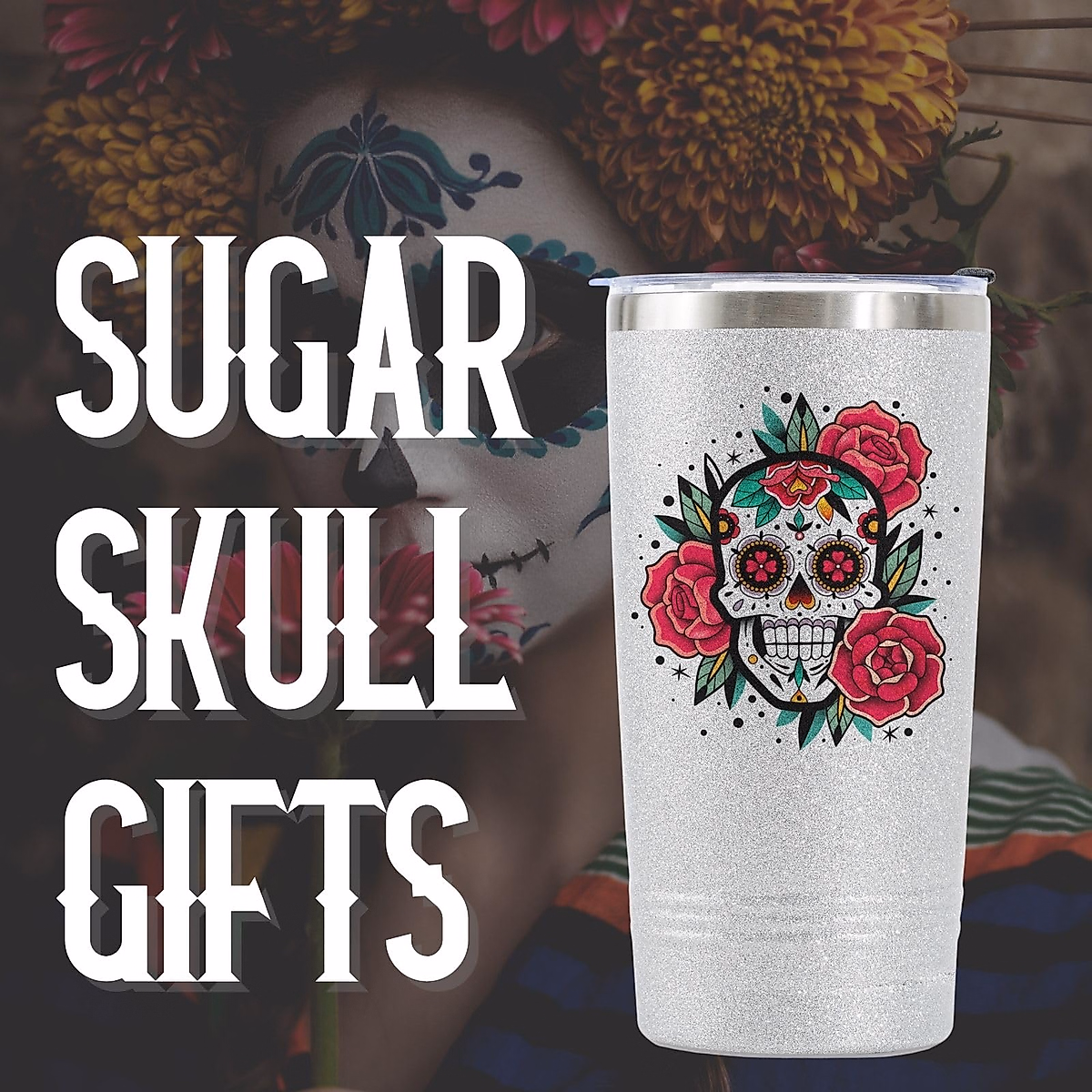 Onebttl Sugar Skull Gifts for Women, Day of the Dead, 20 oz Travel Tumbler with Lid, Brush, and Straw, Mexican Gifts, Silver Glitter