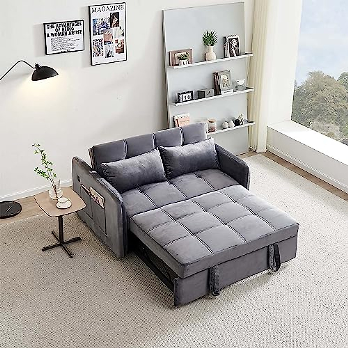 Antetek 3-in-1 Sleeper Sofa Bed w/USB Port, Modern Convertible Tufted Velvet Upholstered Pull Out Futon Couch, 55.5" W Small Loveseat Sofa for Office Living Room Small Space, Grey