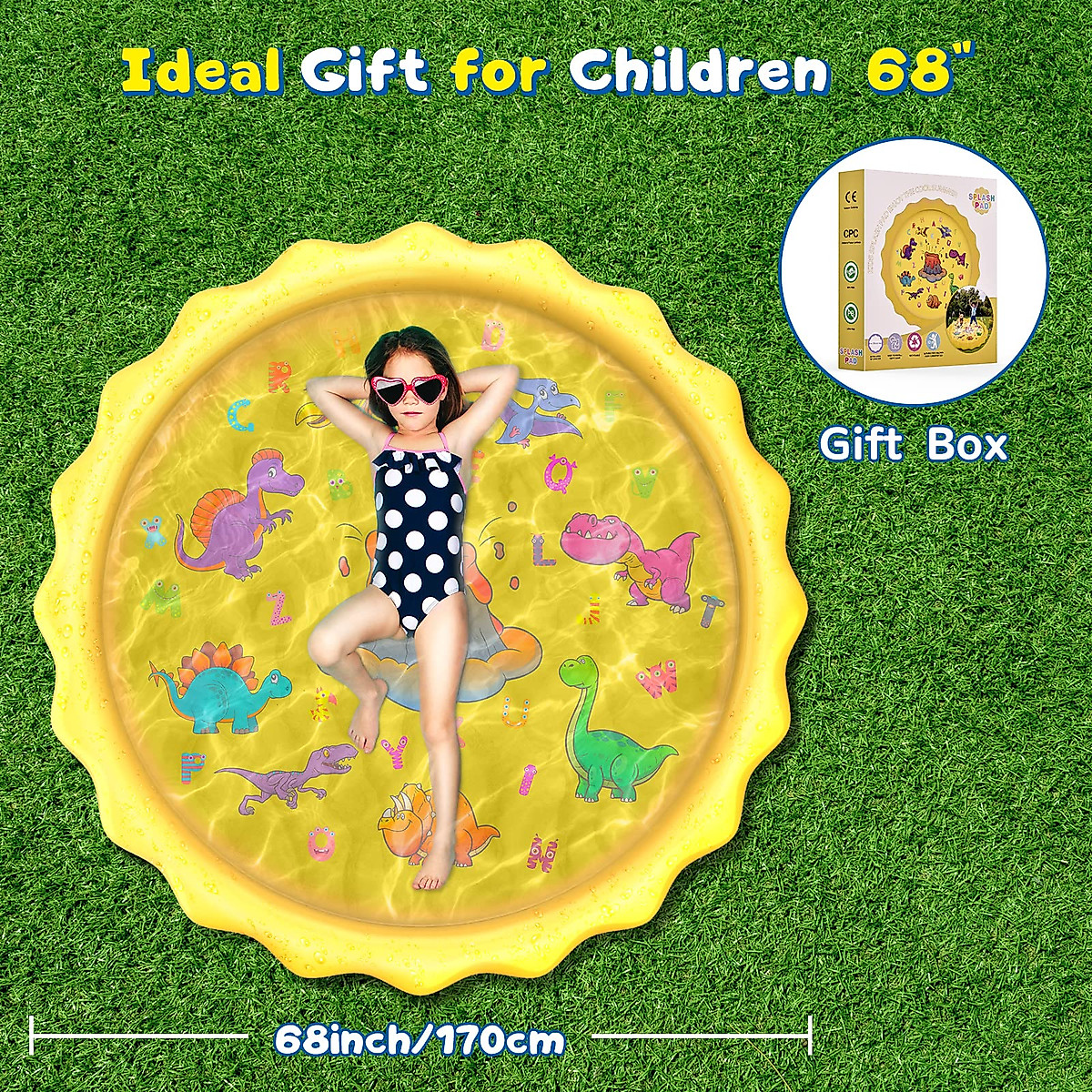 Kids Sprinkler, Splash Pad for Toddlers 3-15Y Summer Outdoor Baby Splash Play Mat 68" Kids Swimming Pool Water Toys for Backyard Fun Games Learning Party Children Toddlers Boys Girls Dogs Kids(Yellow)