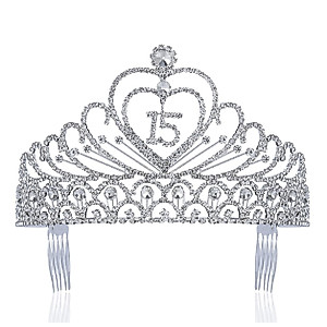 Janefashions Quinceanera Sweet 15 Fifteen 15th Birthday Party coronas de quinceañeras Clear White Austrian Rhinestone Tiara Crown with Hair Combs Princess Gold Silver T1756 (Silver With Combs)