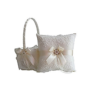 Alex Emotions Ivory Flower Girl Basket and Ring Bearer Pillow Set - Ivory Wedding Basket Pillow Set, Lace Ring Pillow, Lace Ring Holder, Lace Ring Pillow
